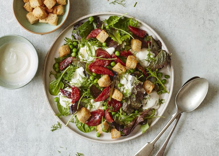 Pea, whipped goat’s cheese & honeyed saucisson salad | Borough Market